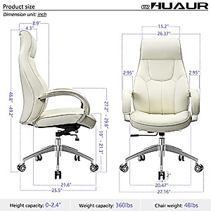 HUAUR High-Back Ergonomic Executive Chair-PU Leather Desk Chair,with Breathable Cushion and Lumbar Support,Wide Armrest and Aluminum Alloy Foot,360lb Capacity Swivel Home Office Chair (Beige)