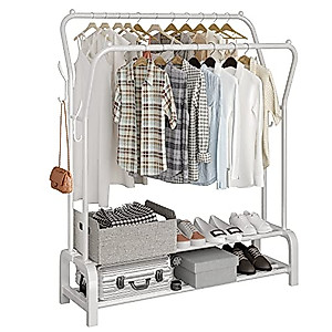 ACCSTORE Garment Rack Drying Rack Freestanding Hanger Double Rails Bedroom Clothing Rack with 2-Tier Lower Storage Shelf,White