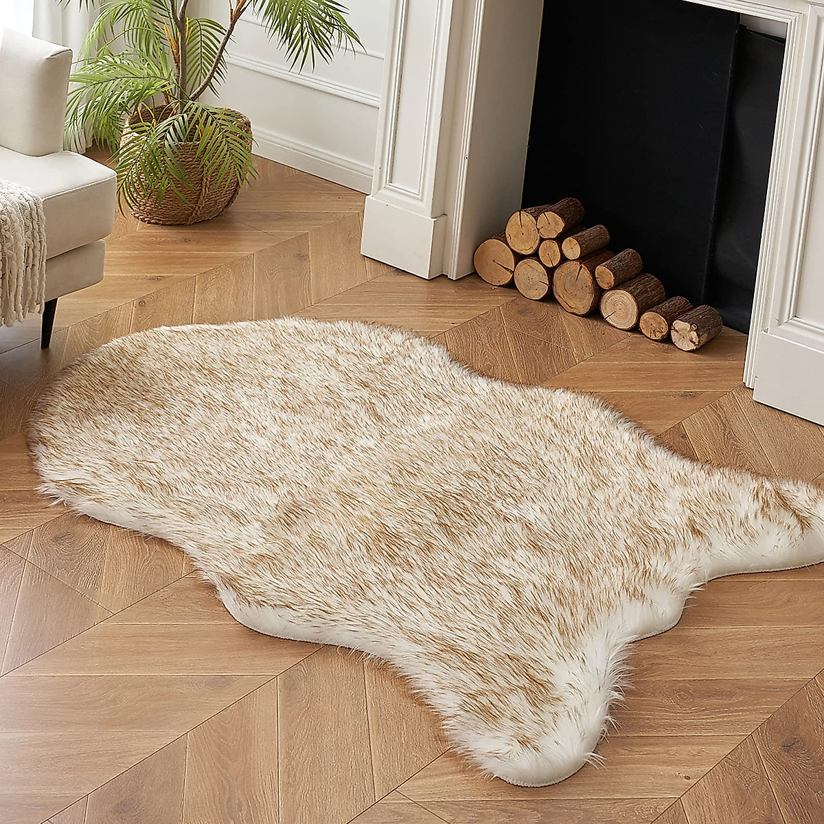 MIULEE 3x5 Feet Faux Fur Sheepskin Rug, Luxury Fluffy Area Rugs - Super Soft Decorative Shag Carpet for Bedroom, Living Room, and Nursery, White and Brown
