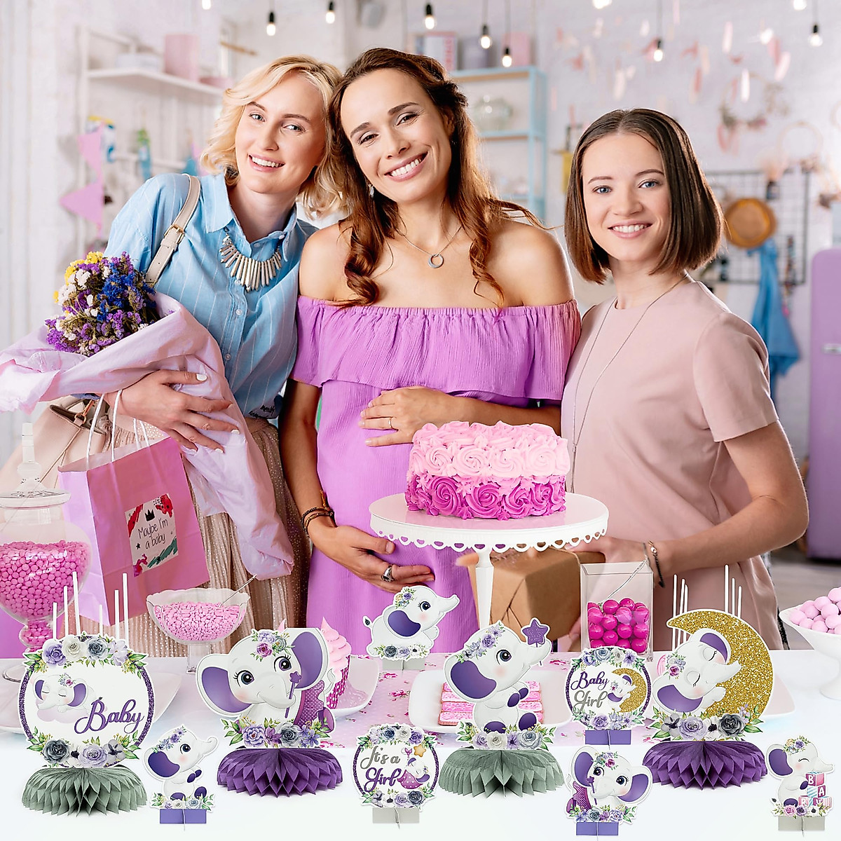 12Pcs Purple Floral Elephant Honeycomb Centerpieces It's a Girl Baby Shower Party Table Decorations Gender Reveal Little Peanut Cutout Welcome Baby Party Table Toppers Photo Props Decor for Baby Girls