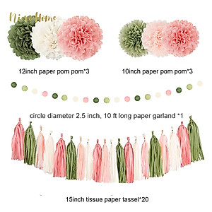 NICROHOME Wedding Party Decorations, 28 PCS Sage Green Tissue Paper Pom Poms,Circle Dots Garland Paper Tassels Hanging Backdrop for Boho Neutral Baby Shower, Bridal Shower, Engagement Party Supplies