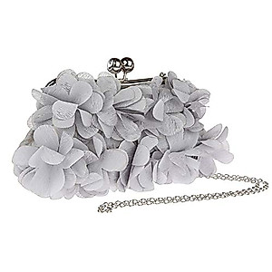 Santimon Women Clutch Kiss Lock Purse HandBags Satin Flower Evening Bags with Removable Strap Grey