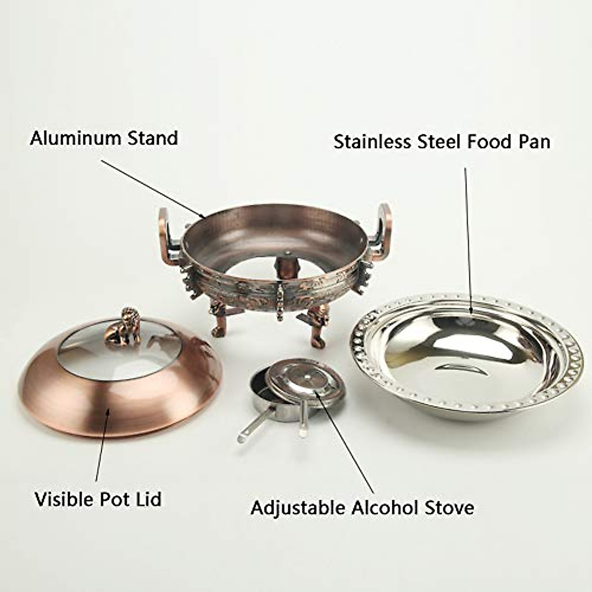 3L Chafing Dish, Stainless Steel Round Chafer Warmers Complete Set W/Food Pans, Aluminum Stand, Visible Pot Lid And Fuel Holders for Weddings, Buffet, Parties,Red copper