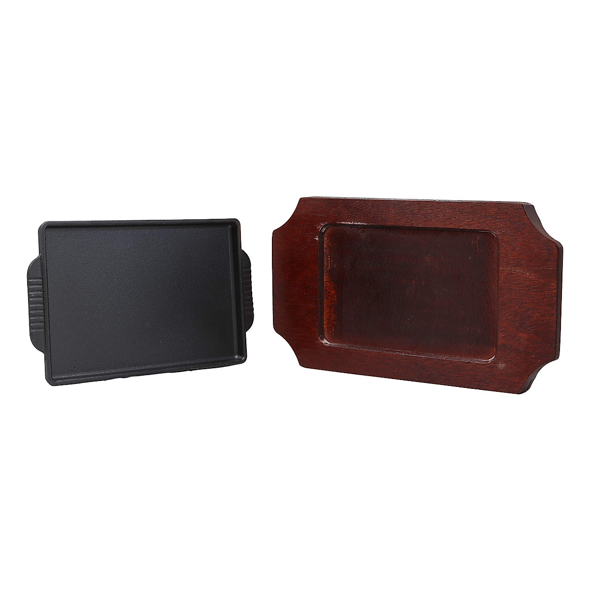 Ebros Personal Size Cast Iron Sizzling Fajita Pan Skillet Japanese Steak Plate With Wood Underliner Base Restaurant Home Kitchen Cooking Supply (Rectangular 9.25"L X 5.25"Wide)