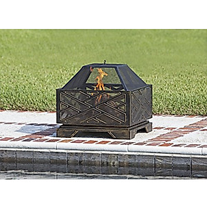 Fire Sense 62239 Fire Pit Catalano Wood Burning Lightweight Portable Outdoor Firepit Backyard Fireplace for Camping Bonfire Included Screen Lift Tool & Cooking Grate - Square - Antique Bronze Finish