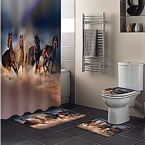 FAMILYDECOR 4 Piece Shower Curtain Sets with Non-Slip Rug, Toilet Lid Cover and Bath Mat, Horses Galloping Fast on The Ground Shower Curtain with Hooks, Durable Waterproof Bath Curtain 36x72 Inch
