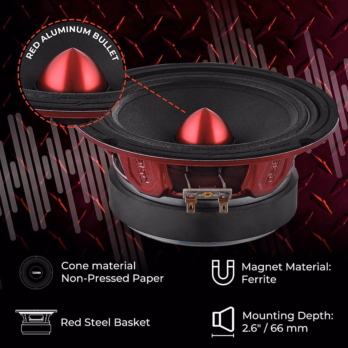 DS18 PRO-X6.4BM Loudspeaker - Pair of 6.5", Midrange, Red Aluminum Bullet, 500W Max, 250W RMS, 4 Ohms - Premium Quality Audio Door Speakers for Car or Truck Stereo Sound System (2 Speaker)