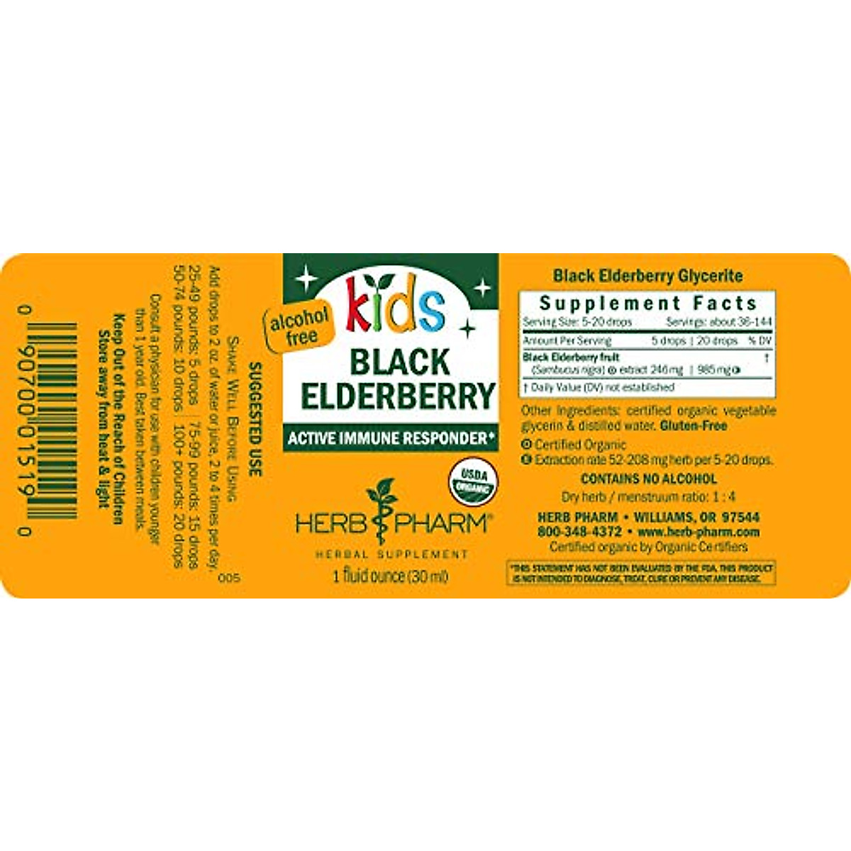 Herb Pharm Kids Certified-Organic Alcohol-Free Black Elderberry Glycerite Liquid Extract, 1 Ounce (GLKELD01)