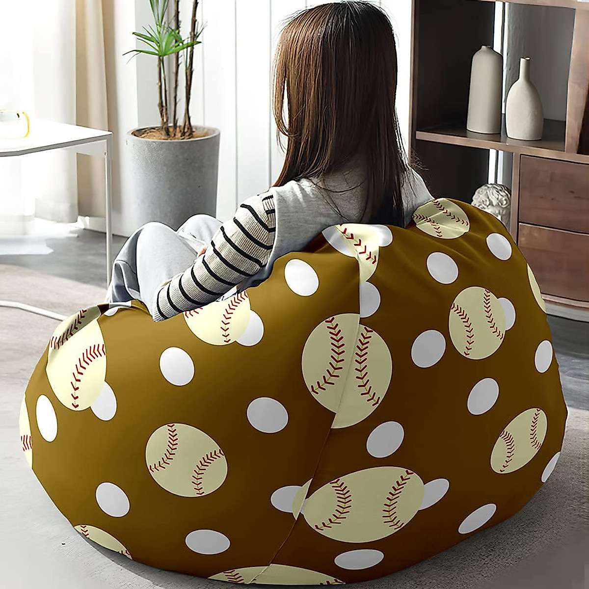 Lukery 3D Baseball Stuffed Animal Storage Bean Bag Chair Cover for Kids and Adults, Stuffable Beanbag (No Filler) Living Room Washable Bean Bag Lazy Sofa (L/35.4x43.3'',Curry Color)