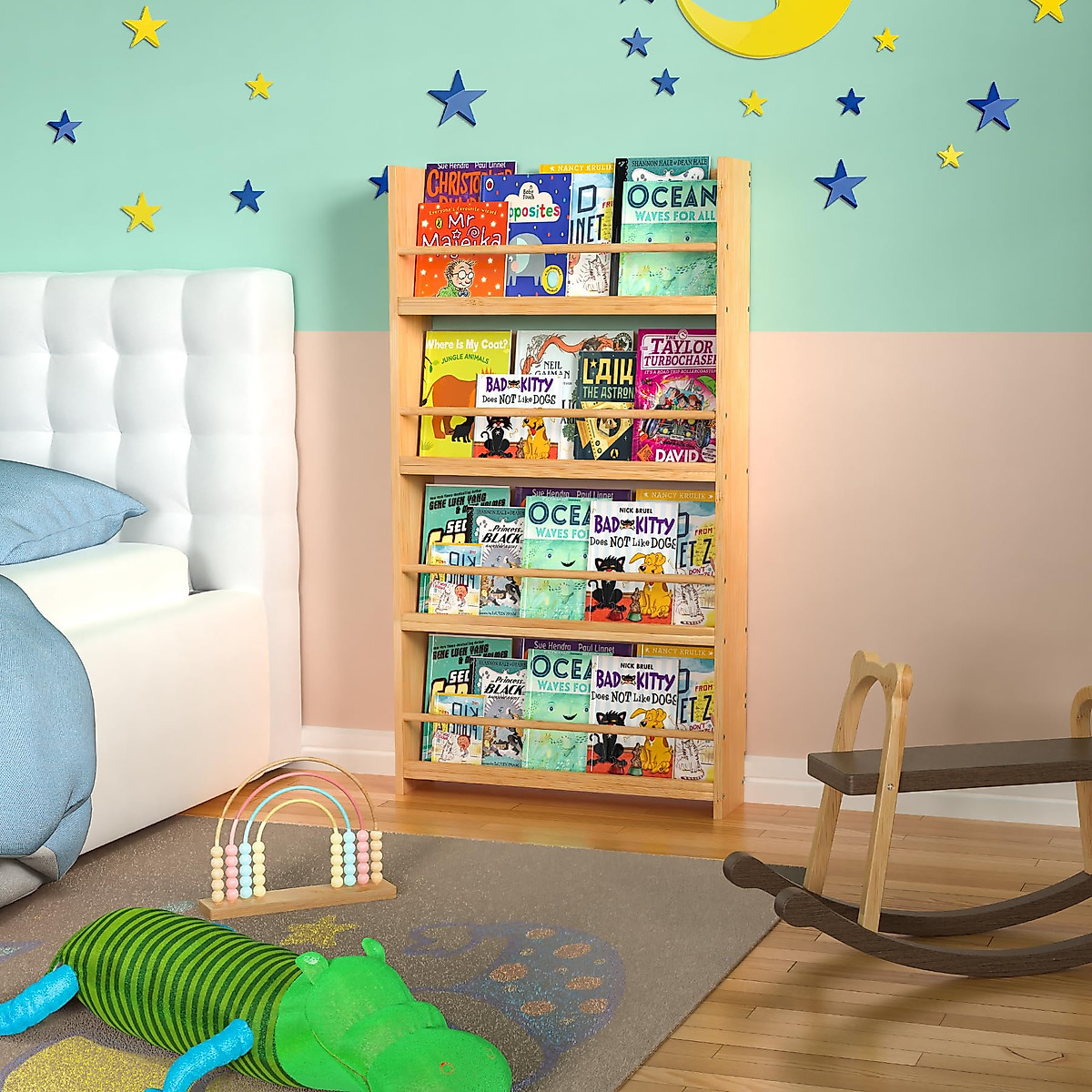 Purbambo Kids Bookshelf Wall Mounted, 4 Tier Bamboo Book Shelf, Kids Books Storage Rack for Bedroom, Living Room, and Classroom