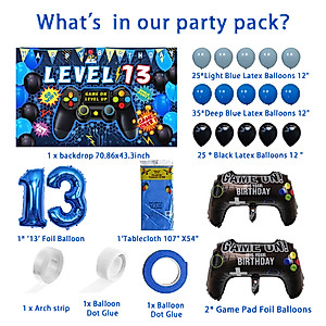 Vlipoeasn 90PCS 13th Birthday Video Game Party Decorations for Boys Set Blue 13th Birthday Supplies -13th Video Game Backdrop, Balloons, Tablecloth, Gamer and 13 Foil Balloons for 13 Years Old