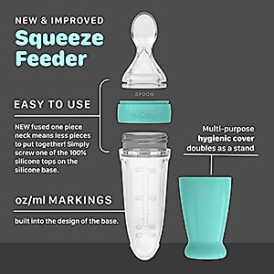 Nuby New & Improved Silicone Food Dispensing Squeeze Feeder with Cover & Stand, 4+ Months/ 3 Oz ...