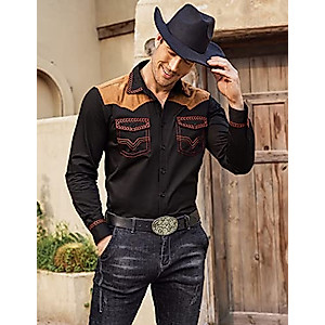 COOFANDY Mens Shirt Western Cowboy Embroidered Long Sleeve Slim Fit Casual Cotton Button Down Hippie with Pockets, Black, Large, Long Sleeve