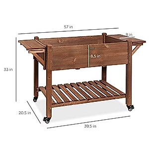 Best Choice Products 57x20x33in Mobile Raised Garden Bed Elevated Wood Planter Box Stand for Backyard, Patio w/Folding Side Tables, Locking Wheels - Brown