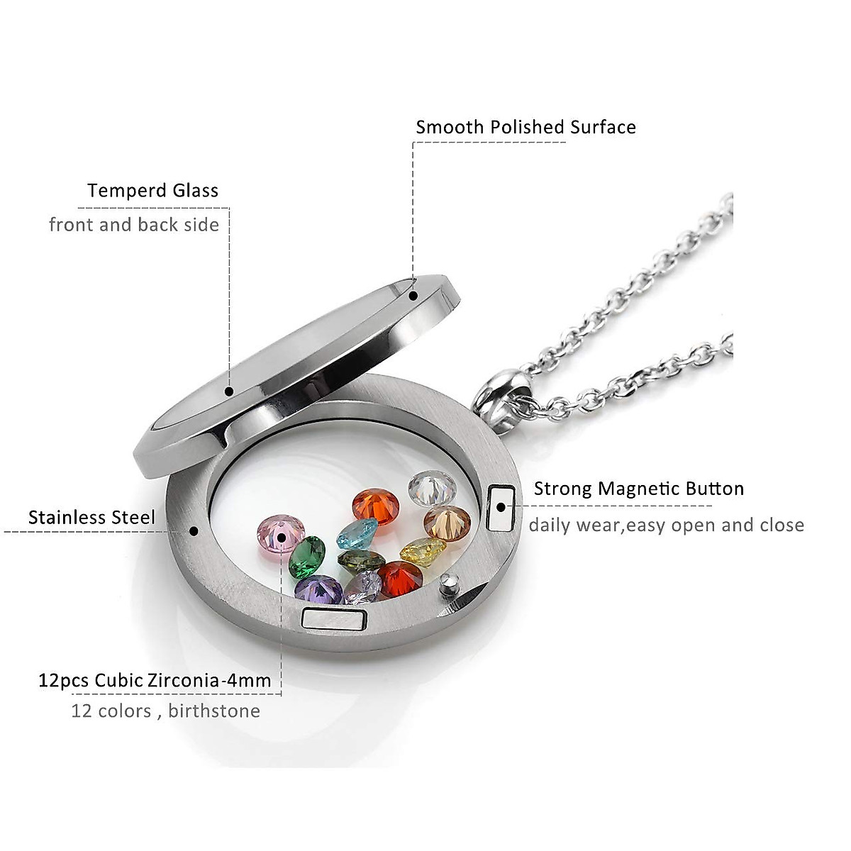 Jovivi 30mm Living Floating Memory Glass Locket Necklace - Stainless Steel Secure Closure