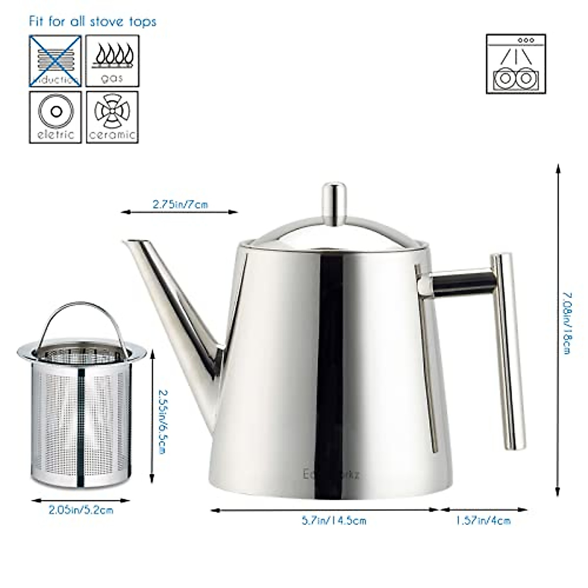 Easyworkz Stainless Steel Teapot with Removeable Infuser 50 oz (1500ml) Stovetop Tea Maker for Fruit Herbal and Infusion
