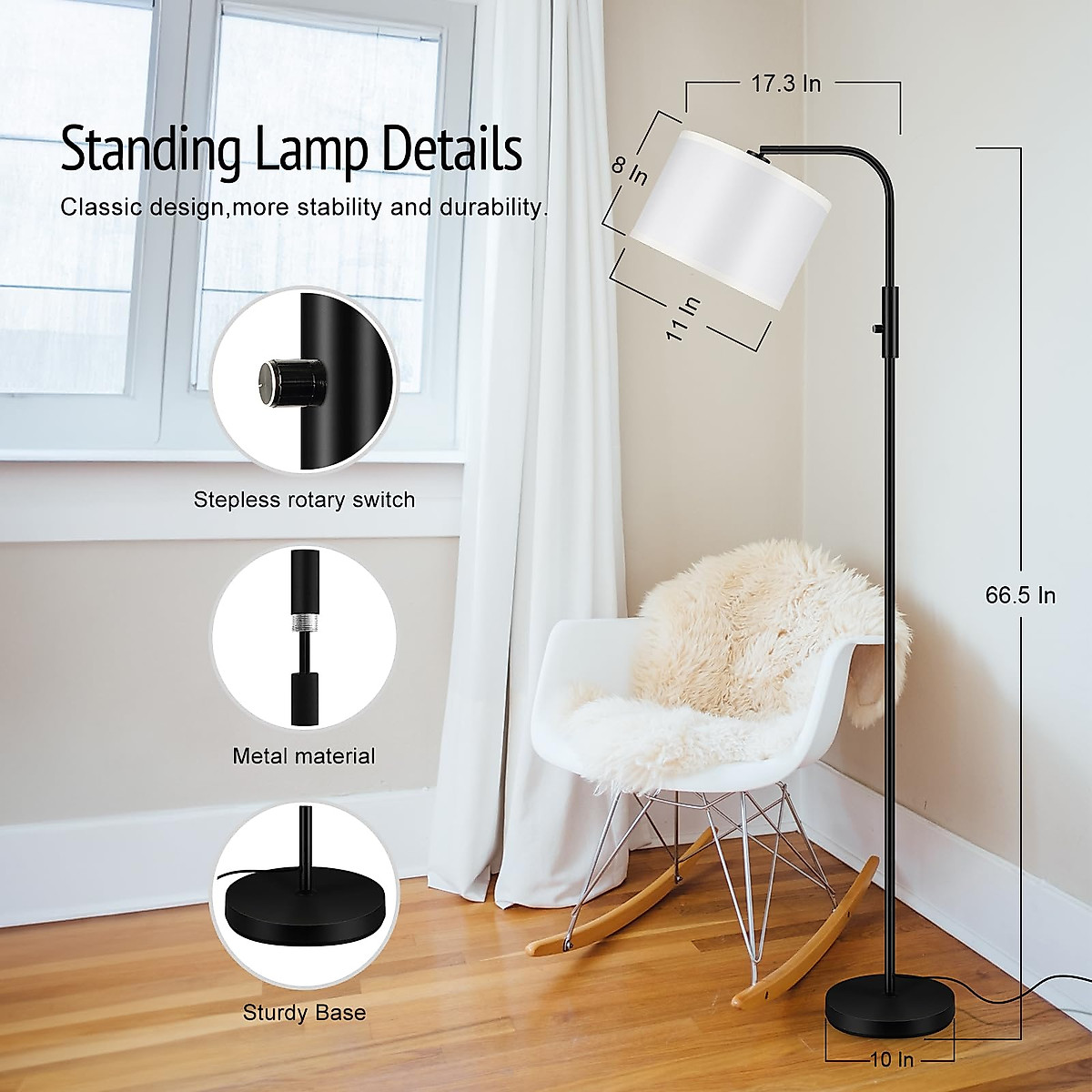 Dimmable Floor Lamp,Modern Standing Lamp with LED Bulb(1000LM,2700K),White Adjustable Lamp Shade,Rotary Switch,66.5 Inch Tall Arc Stepless Dimmable Floor Lamps for Living Room Bedroom Office Study