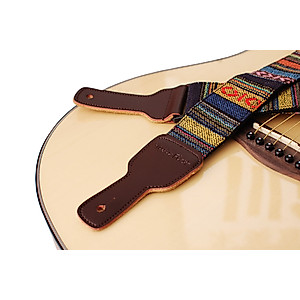 MUSIC FIRST Original Design, 2 inch width (5cm), Classic Country Style Yarn-dyed fabric & Genuine Leather Guitar Strap Electric Guitar strap