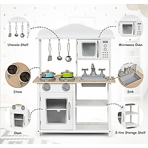 Costzon Kids Kitchen Playset, Wooden Play Kitchen w/Sink, Oven, Microwave, Stove, Pots, Utensils, Pretend Play Cooking Set w/Shelf, Cabinets, Great Gift for Toddlers Boys Girls