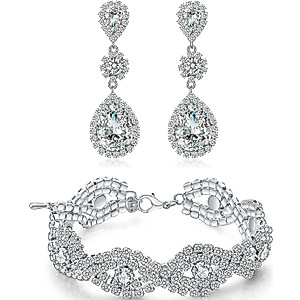 Paxuan Womens Wedding Bridal Earrings Bracelet Jewelry Sets Rhinestone Crystal Bracelets (Bracelet and Earrings Set)