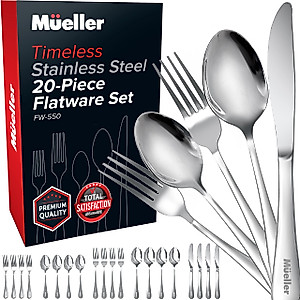 Mueller Flatware Set, 20-Piece Stainless Steel Silverware Set - Cutlery Set Service for 4 - Spoon, Knife, Fork, Salad Fork, Teaspoon - Dishwasher Safe