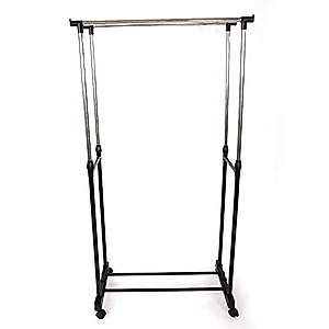 WECNEK Dual-bar Vertical & Horizontal Stretching Stand Clothes Rack with Shoe Shelf YJ-03 Black & Silver