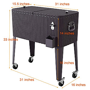 Giantex 80 Quart Rattan Rolling Cooler Cart Outdoor Patio Portable Party Drink Beverage Bar Cold Beach Chest Cart on Wheels, Brown Wicker, 32.7''(L) X18.9''(W) X43.3''(H)