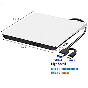 Mougerk External DVD Drive, Portable Type-C USB 3.0 DVD CD Drive Player DVD/CD +/-RW ROM Reader Rewriter Burner for Laptop MacBook Pro Desktops (White)