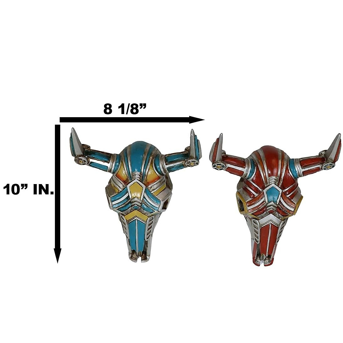 Ebros Gift Set of 2 Red and Blue Western Robotic Cyborg Horned Cow Skull 10" H Wall Decor Sculptures Wildlife Bisons Bulls Spirit Totem Accent Sculpture