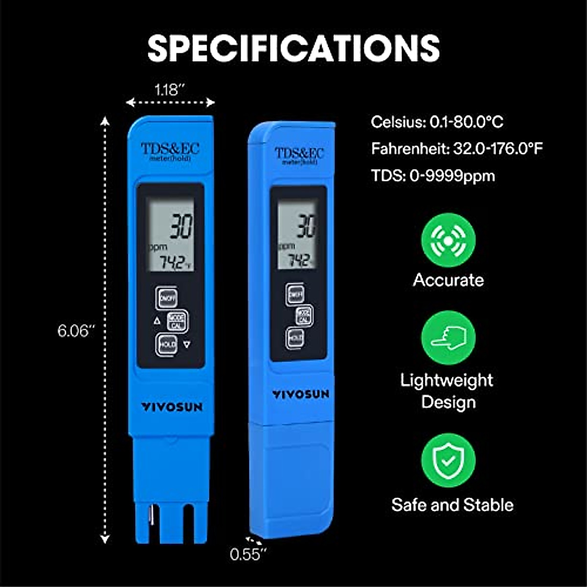 VIVOSUN TDS Tester 3-in-1 TDS EC & Temperature Meter Ultrahigh Accuracy Digital Water Quality TDS Tester (Blue)