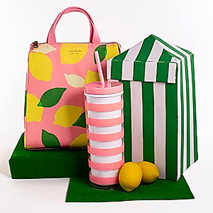 Kate Spade New York Cute Lunch Bag for Women, Large Capacity Lunch Tote, Pink Adult Lunch Box with Silver Thermal Insulated Interior Lining and Storage Pocket, Lemon Toss