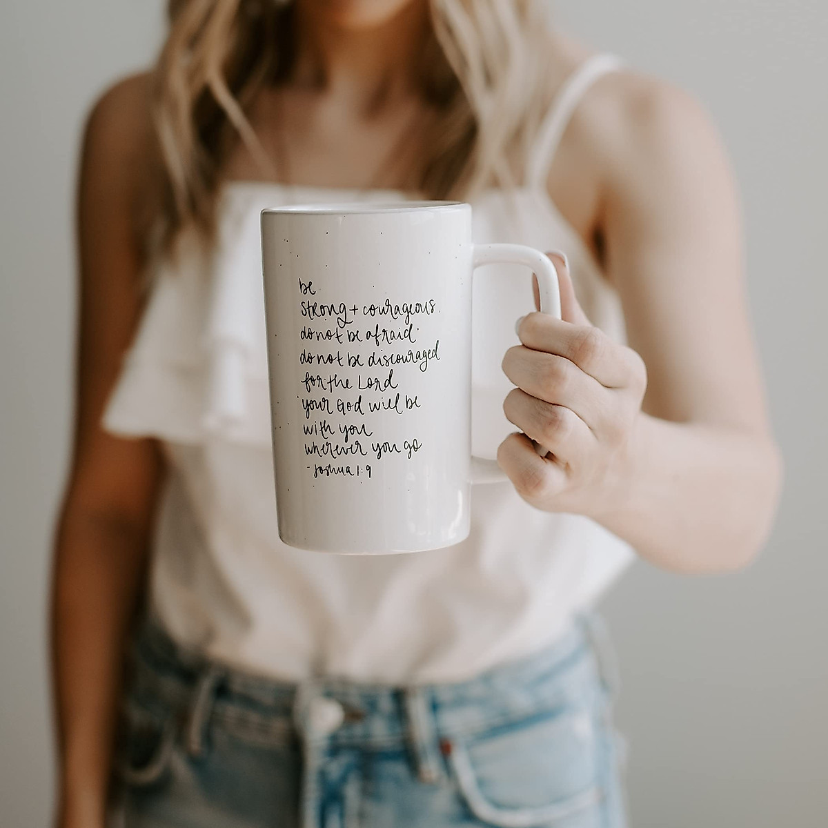Sweet Water Decor Inspirational Coffee Mugs | Cute Motivational 16oz Ceramic Style Scripture Coffee Cup | Microwave and Dishwasher Safe | Encouraging Religious Gift (Be Strong and Courageous)