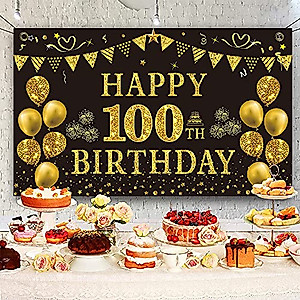 Trgowaul 100th Birthday Decorations for Men Women - Black and Gold 100th Birthday Backdrop Banner 5.9 X 3.6 Fts Happy 100th Birthday Party Supplies Photography Supplies Background