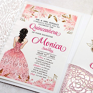 DreamBuilt 4.7x7 inch 50PCS Blank Rose Gold Glitter Quinceanera Invitations Kit, Laser Cut Hollow Rose Quinceanera Invitation Cards with Envelopes