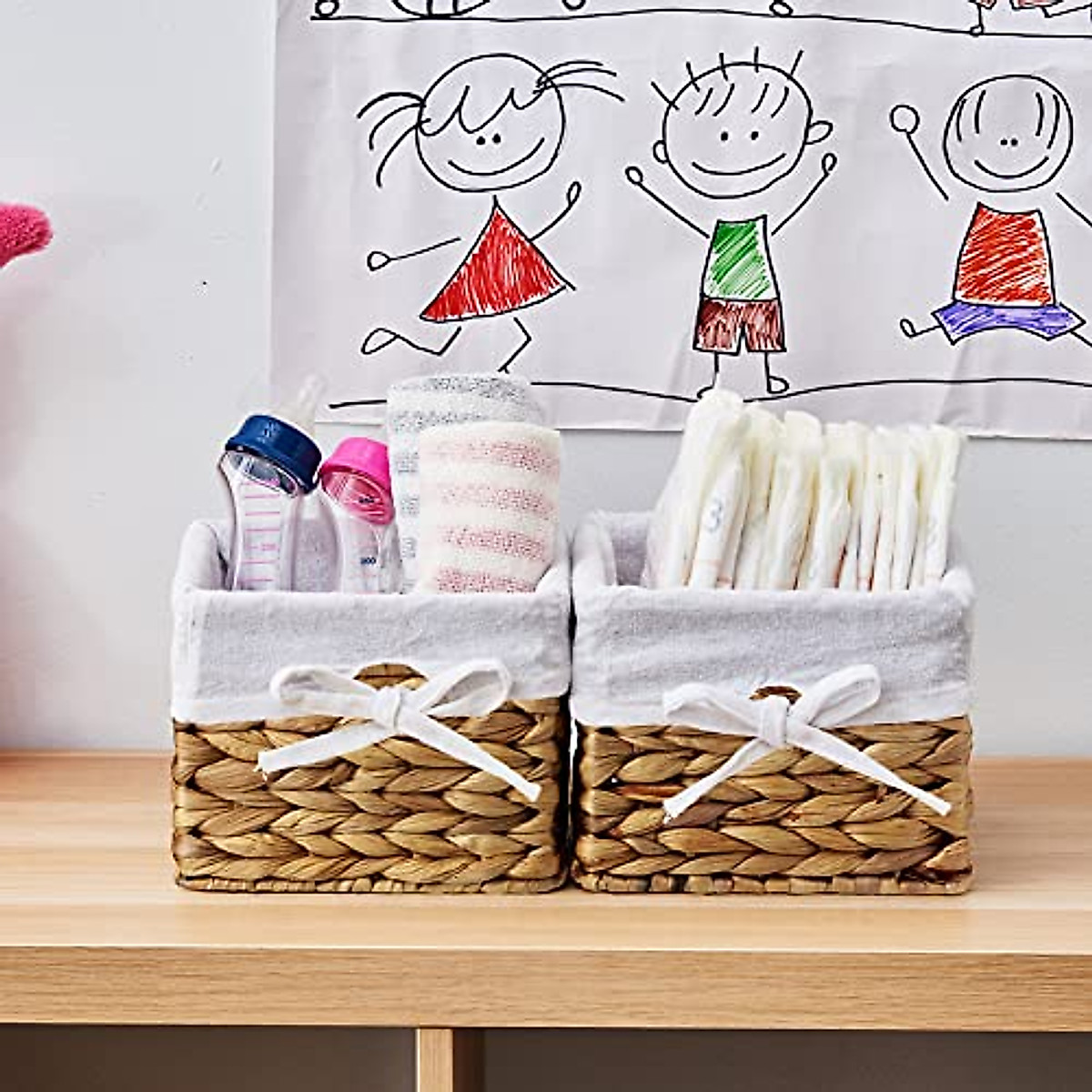 EZOWare Set of 4 Small Natural Woven Water Hyacinth Wicker Storage Nest Baskets Organizer Container Bin with Liner for Organizing Kids Baby Cloth, Room Decor, Toy, Gift Basket Empty - Brown (7x7x5.5")