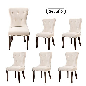 LZ LEISURE ZONE Dining Chairs Set of 6, Cream Upholstered Accent Chair Button Tufted Armless Chair with Nailhead Trim and Back Ring Pull