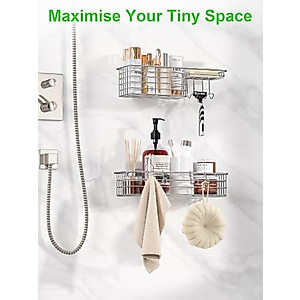 SMARTAKE 2-Pack Shower Caddy, Combined Bathroom Shelf with Soap Dish and Hooks for Hanging Razor Brush Sponge, Wall Mounted Rustproof Basket with Adhesive, No Drilling, 304 Stainless Steel, Silver
