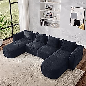 KIVENJAJA Modular Sectional Sofa, U-Shaped Couch with Double Chaise & Pillows, Modern Minimalist Boucle Fabric Large Comfy Cloud Sofas, Living Room Furniture Sets, 117 inch, Black