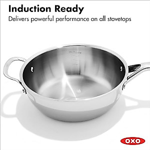 OXO Agility Tri-Ply Stainless Steel 3.57QT Chef’s Pan with Lid, Induction Suitable Cookware, Sauce Pan, Ultra-Durable, Quick Even Heating, Measurement Markings, Pouring Rim, Dishwasher and Oven Safe