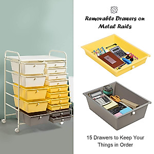 MEDIMALL 15 Drawers Rolling Storage Cart, Multipurpose Craft Storage Cart with Wheels, Mobile Tools Scrapbook Paper Organizer Cart for School Home Office Use (Yellow)