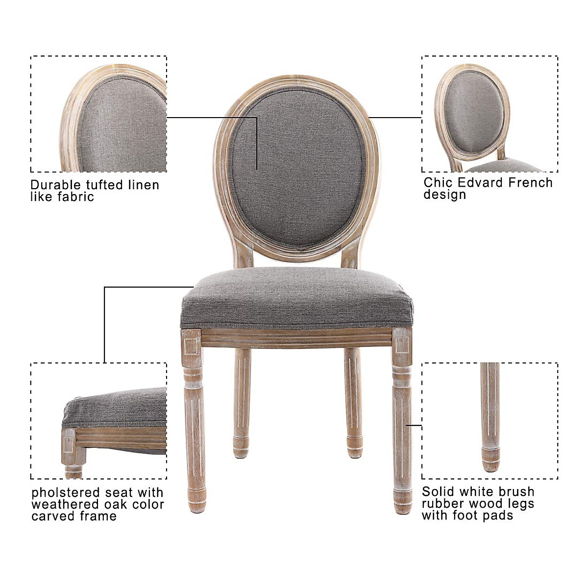 Kmax Farmhouse Dining Room Chairs, French Distressed Bedroom Chairs with Round Back, Elegant Tufted Kitchen Chairs, Set of 2, Gray