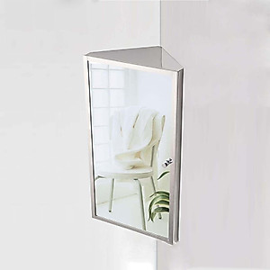 Generic Corner Cabinet with Mirror, Wall Mounted Stainless Steel Bathroom Storage Cabinet with 2 Shelves and Mirror Door, Hanging Triangular Storage for Small Space (Right Door)
