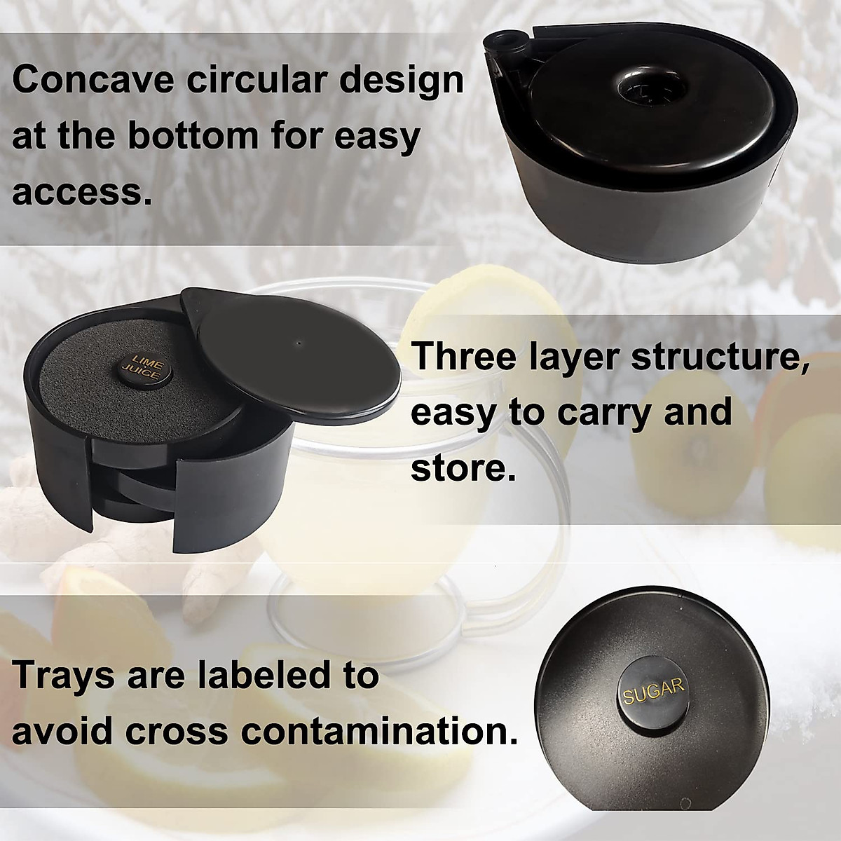 3 Tier Bar Glass Rimmer with Sponge for Cocktails and Margarita Mixing,Salt and Sugar Container,Seasoning Box,Bartender Tool for Bar,Pub Party and Reception,Black