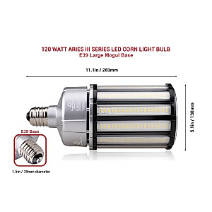 120 Watt LED Corn Bulb - Aries III Series - 16,400 Lumens - 5000K - E39 Large Mogul Base - Built-in 6KV Surge - Dimmable - DLC 5.1