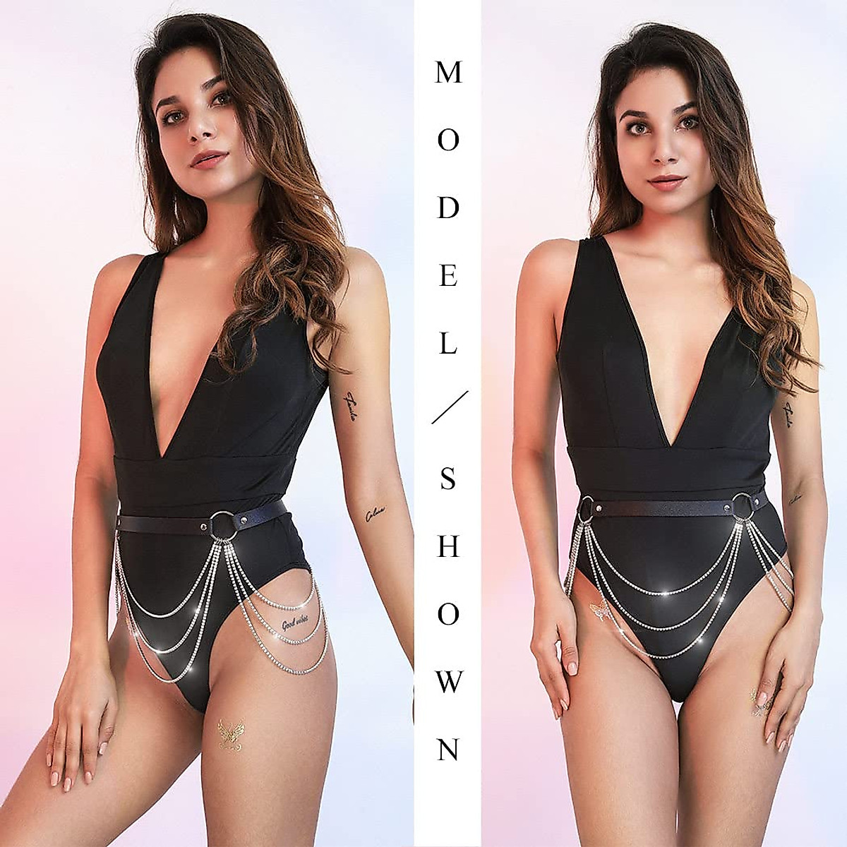 Bodiy Crystal Waist Belt Chain Metal Layered Belly Chains Sparkly Rave Accessories Rhinestones Leather Waist Body Chain Jewelry for Women and Girls (Black-03)