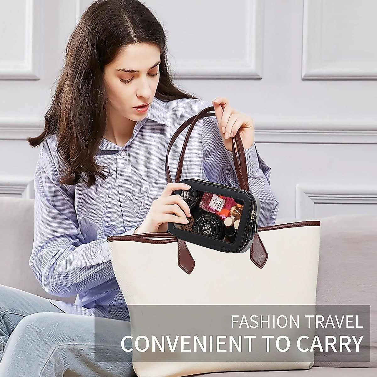 Pinkmik Clear Makeup Bag Transparent Travel Case for Cosmetics and Toiletries Women's Clear Car Bag with Zipper (Black, Small)