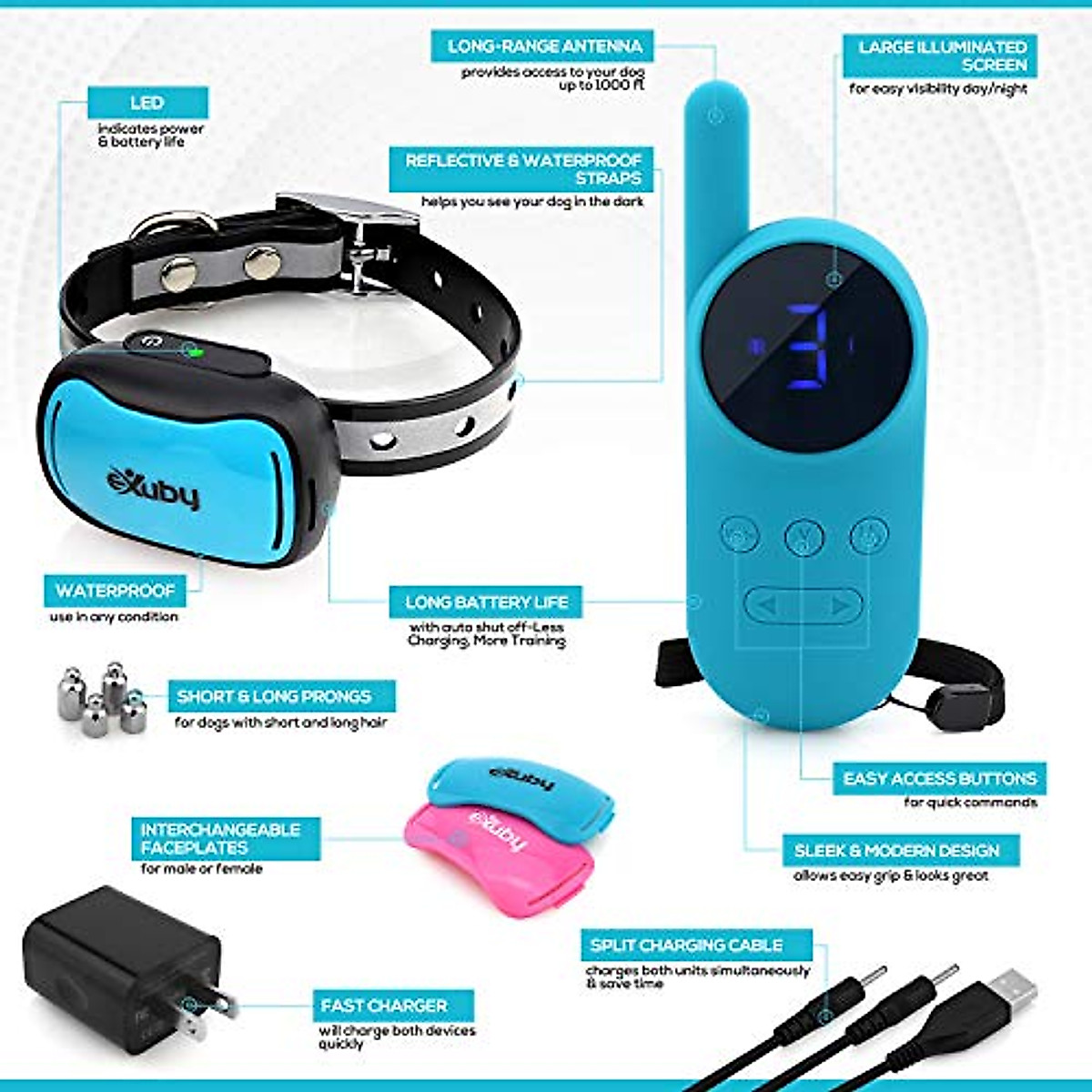 eXuby - Tiny Shock Collar for Small Dogs 5-15lbs - Smallest Collar on The Market - Sound, Vibration, & Shock - 9 Intensity Levels - Pocket-Size Remote - Long Battery Life - Water-Resistant (Teal)