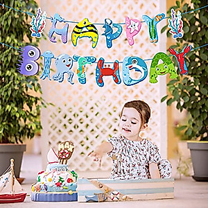 Sea Animal Banner Under the Sea Birthday Decorations, Ocean Themed Marine Creature Birthday Party Supplies for Baby Girl Boy, Sea Theme Happy Birthday Banner Baby Shower Sign Decor