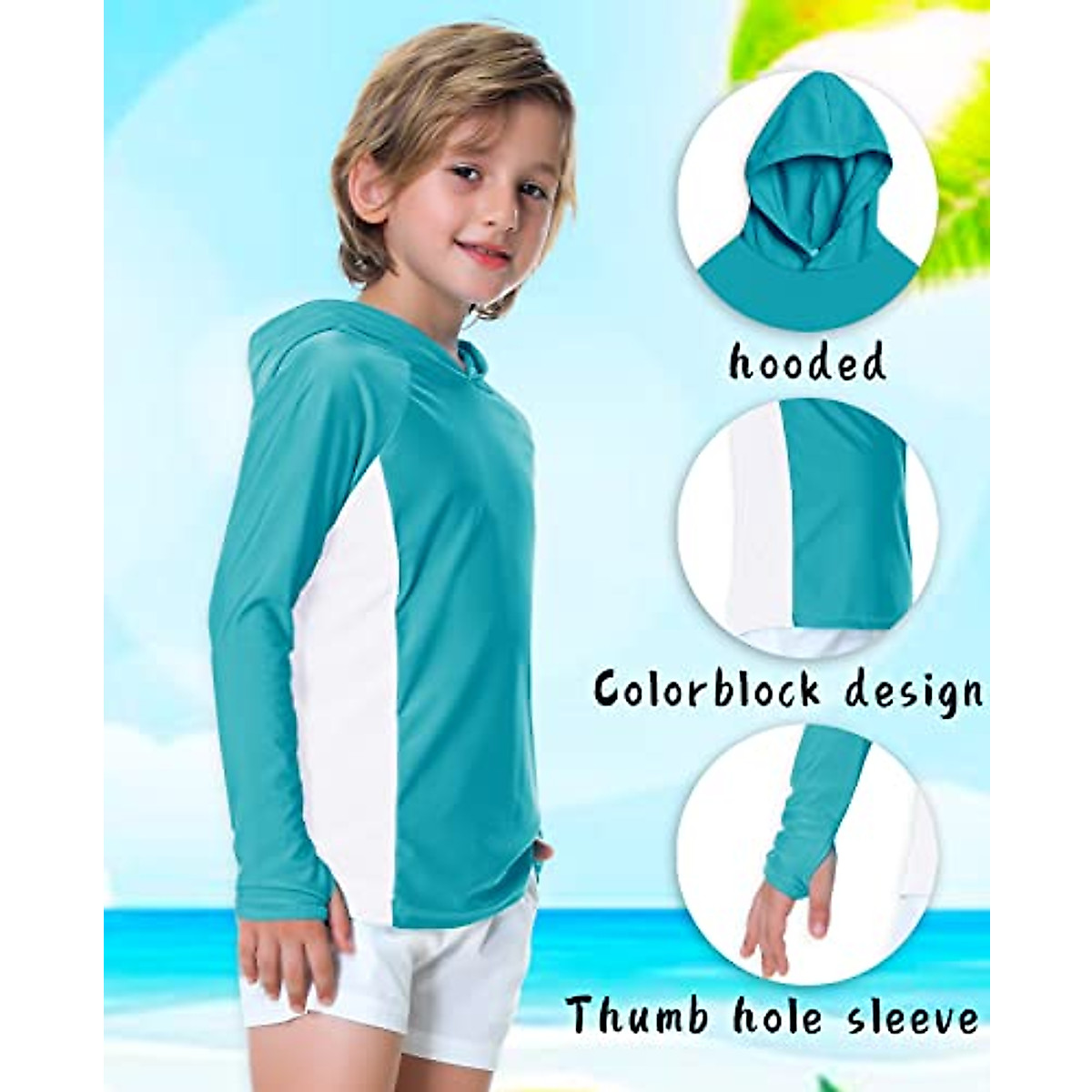 Kids Hooded Swim Shirt Long Sleeve Boys Girls Solid Color Rash Guard Tops Uv Protective Athletic Shirts Aqua White 7-8 Years