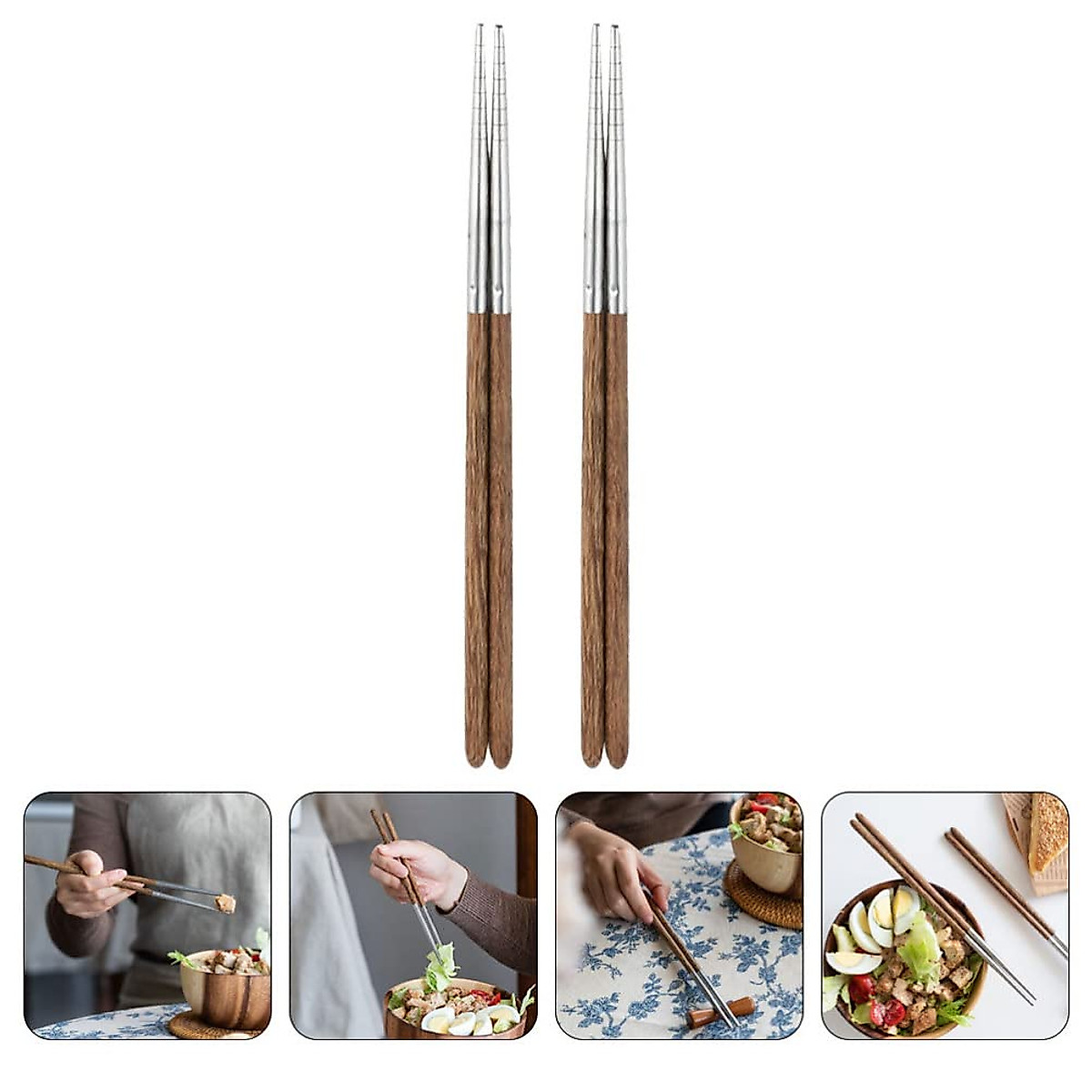 Reusable Metal Stainless Steel Chopsticks: 2 Pairs Long Cooking Chopsticks with Wooden Handle Japanese Type Sashimi Chopsticks for Home Restaurant